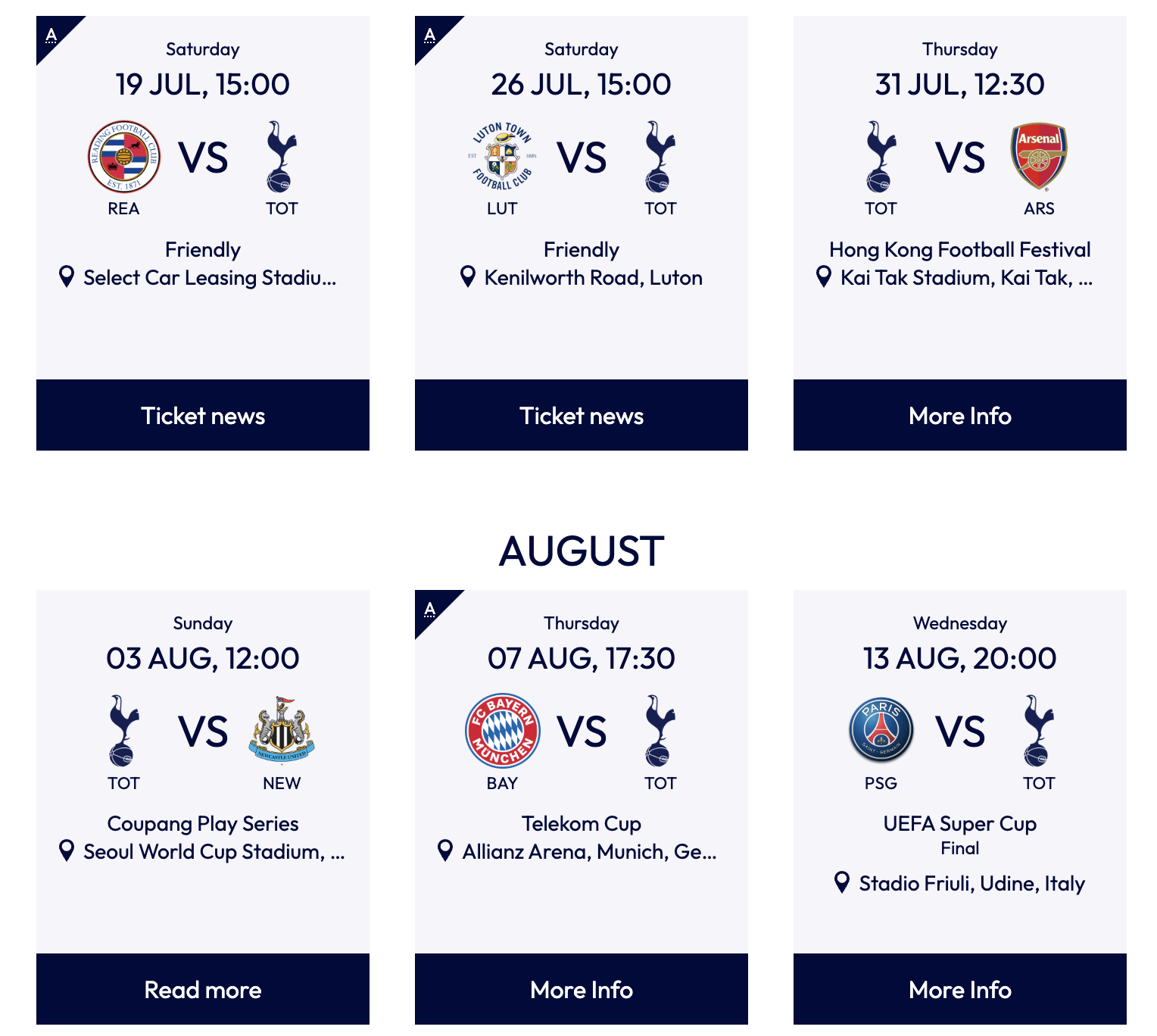 2025/26 Premier League Clubs Pre Season Friendlies Fixtures List