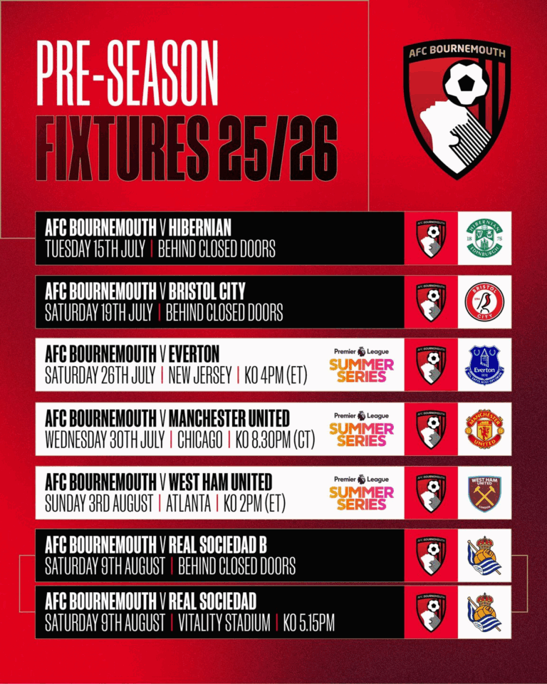 2025/26 Premier League Clubs Pre Season Friendlies Fixtures List
